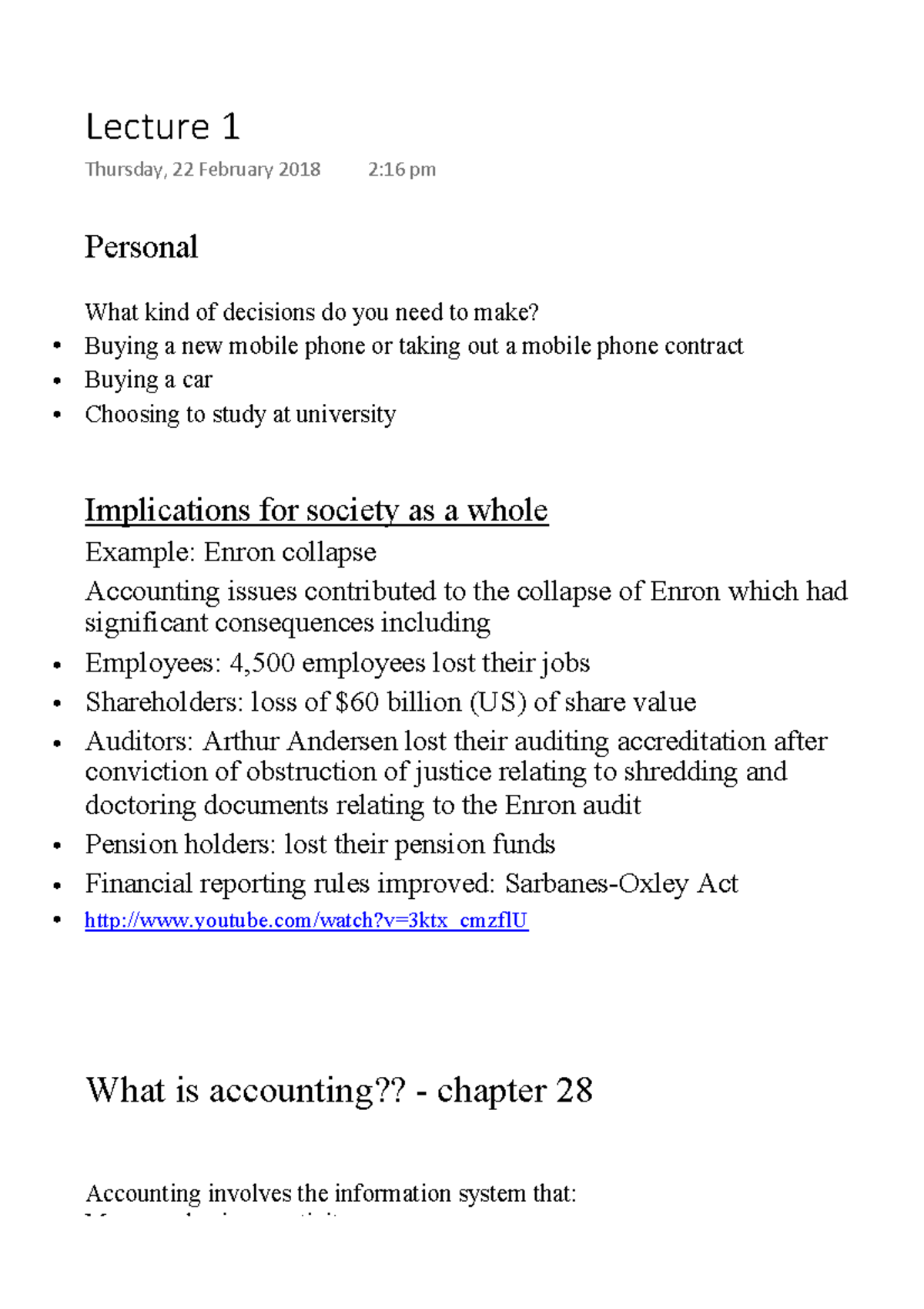 Accounting Lecture 1 - Lecture 1 Thursday, 22 February 2018 2:16 pm ...