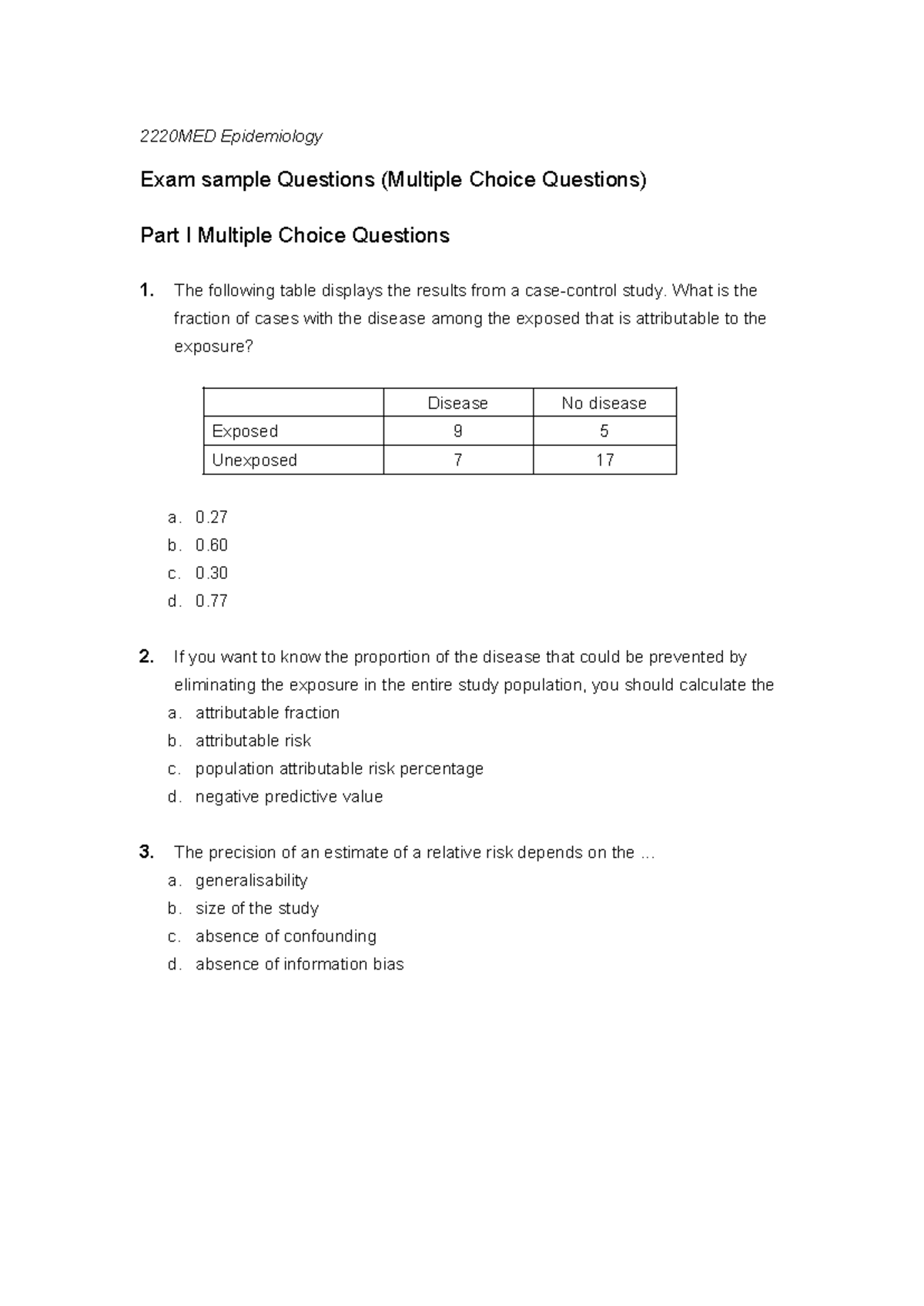 Practice Exam Questions 2022 - 2220MED Epidemiology Exam sample ...