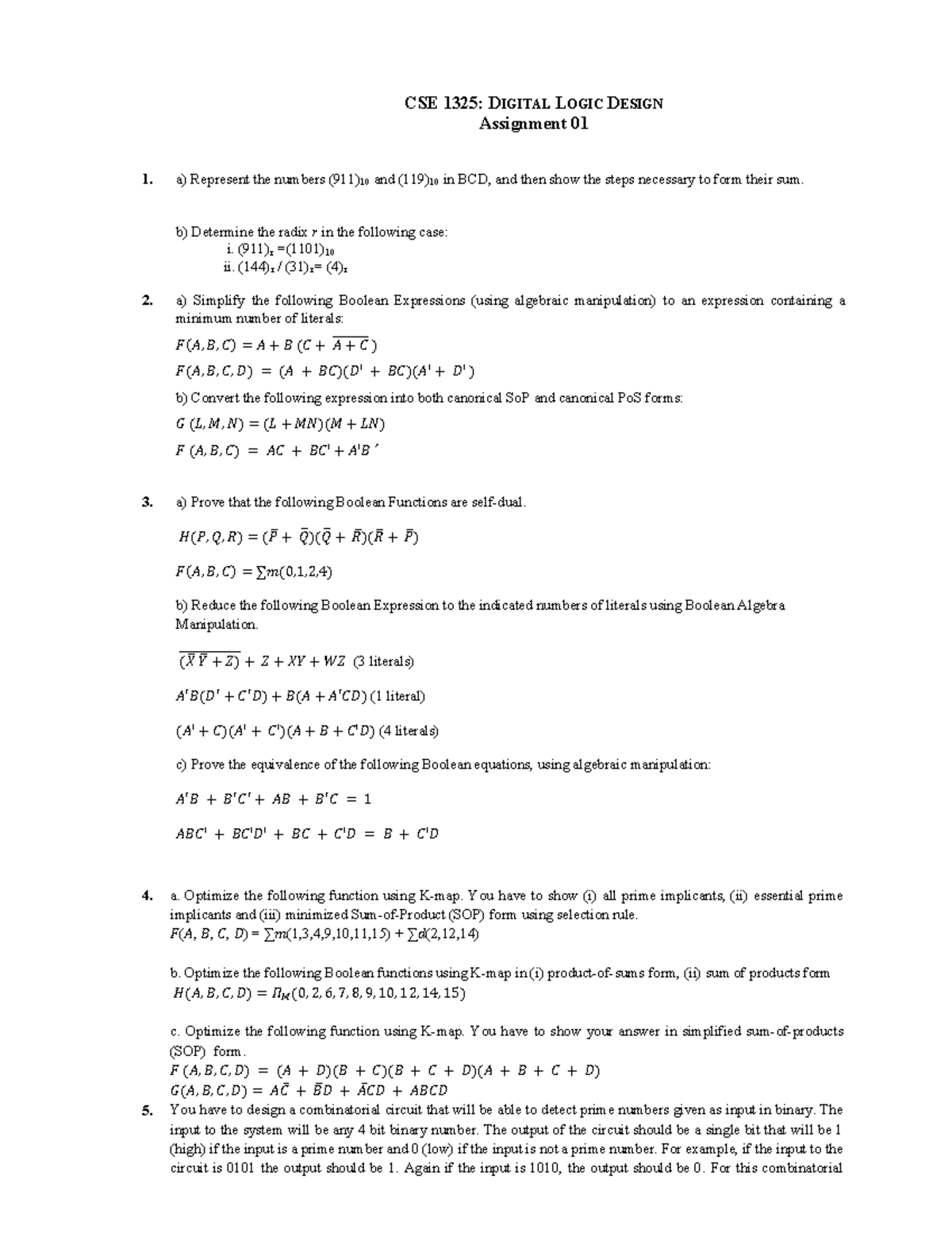 Assignment 01 Do This Cse 1325 Digital Logic Design Assignment 01 1 A Represent The