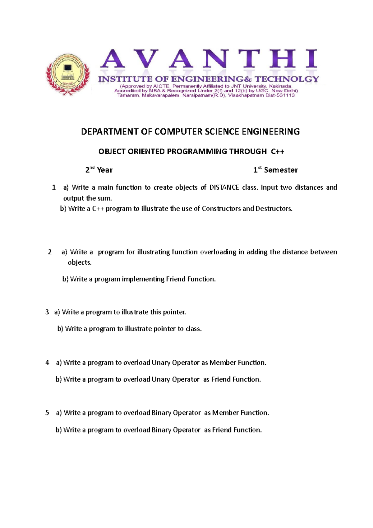 OOPS C++ Labexternal - Sypbbb - DEPARTMENT OF COMPUTER SCIENCE ENGINEERING OBJECT ORIENTED - Studocu