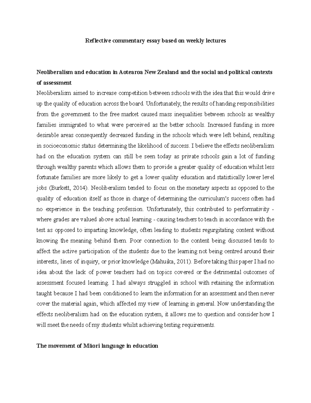 TEEDU101 - Assignment 3: Reflective commentary essay based on weekly ...