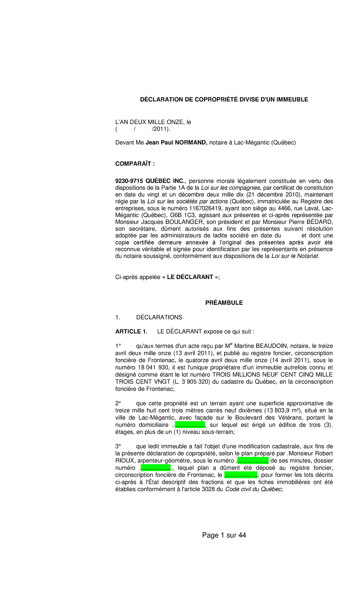 Declaration de copropriete - DÉCLARATION DE COPROPRIÉTÉ DIVISE D'UN ...