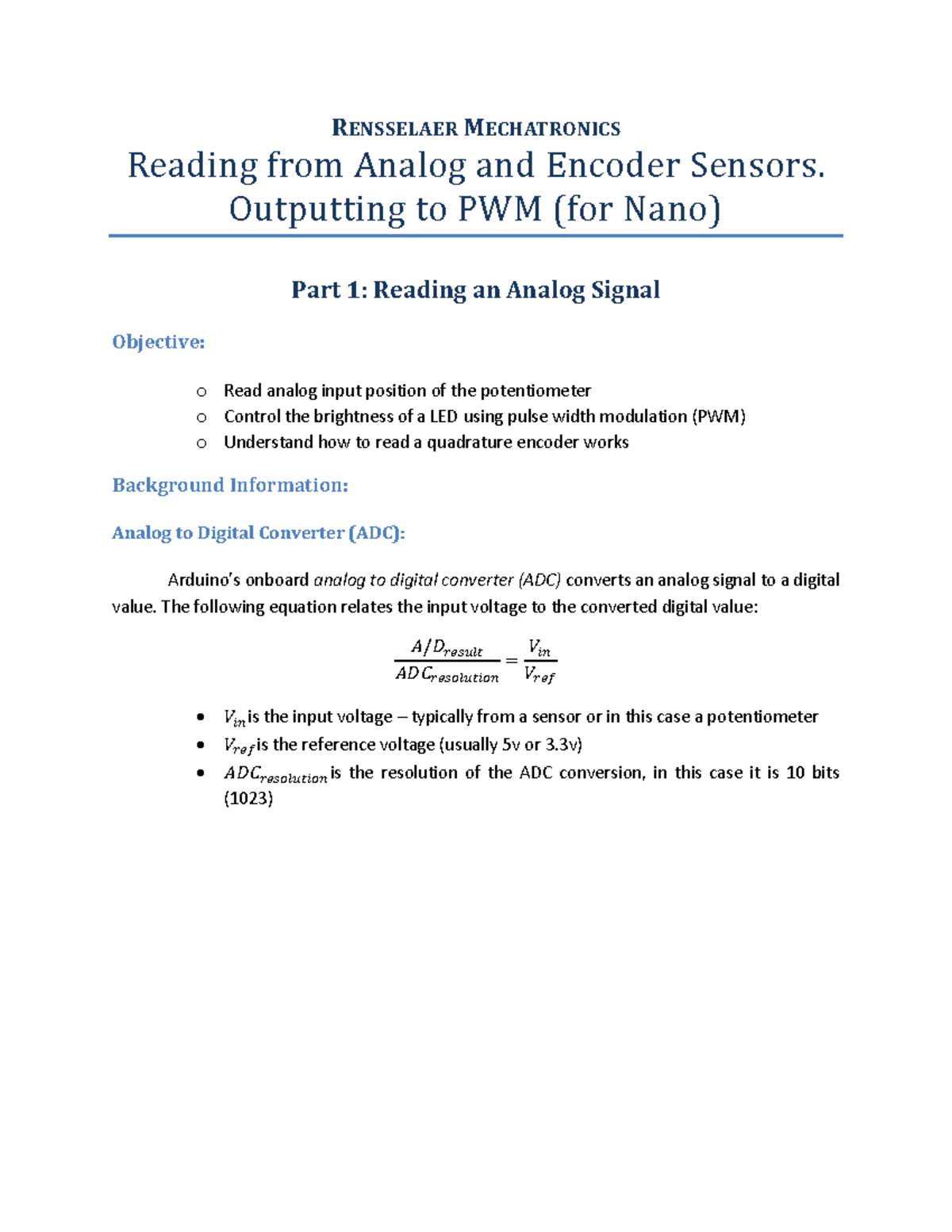 Lab 2 Analog Encoder PWM R14 Nano V3 - RENSSELAER MECHATRONICS Reading from Analog and Encoder ...