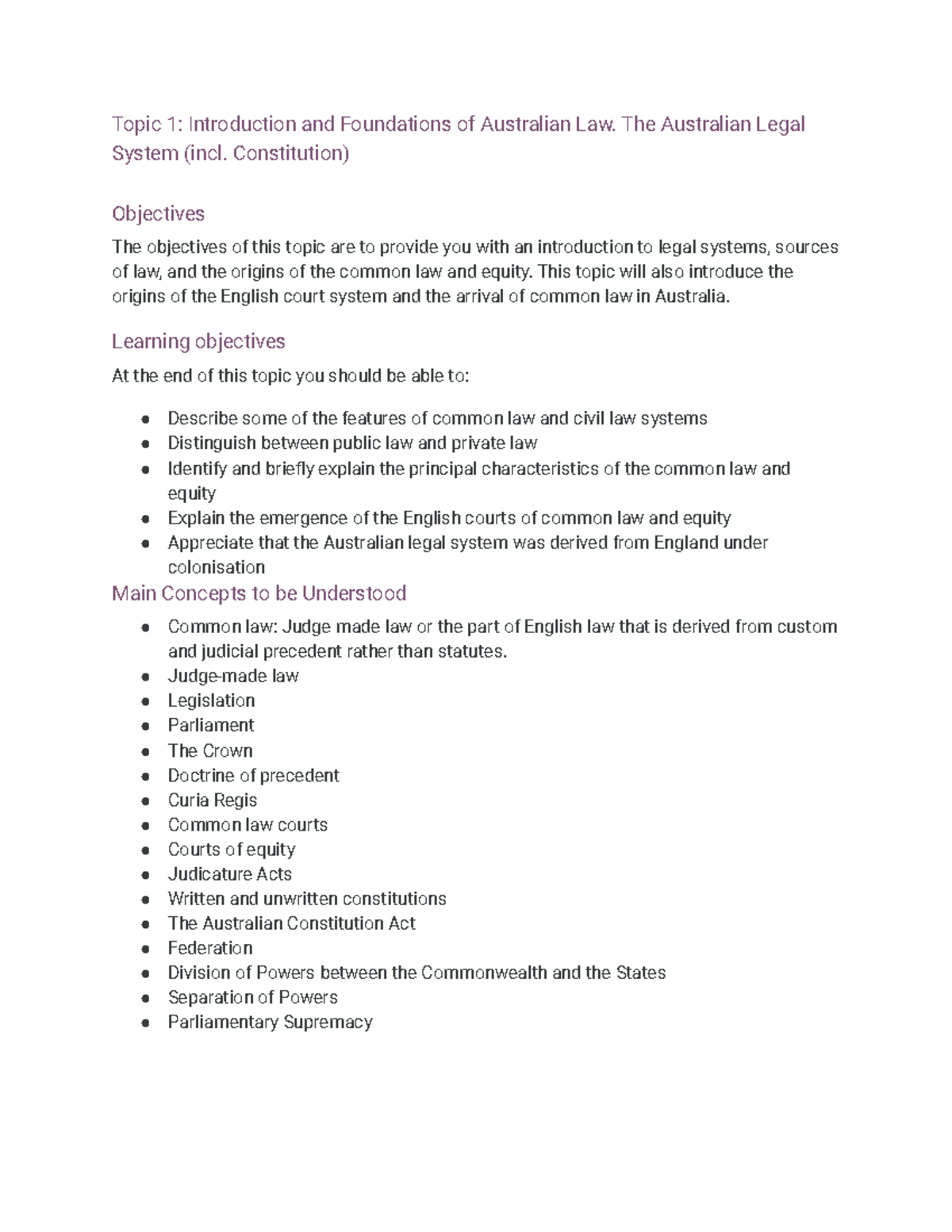 LAW100 Quiz 1 Study - Quiz prep - Topic 1: Introduction and Foundations ...