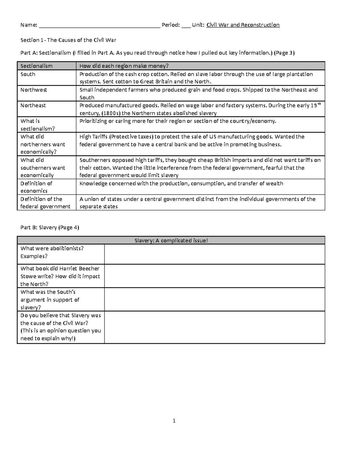 Civil War-Reconstruction Mindmap 2.0 (1) - Section 1- The Causes of the ...