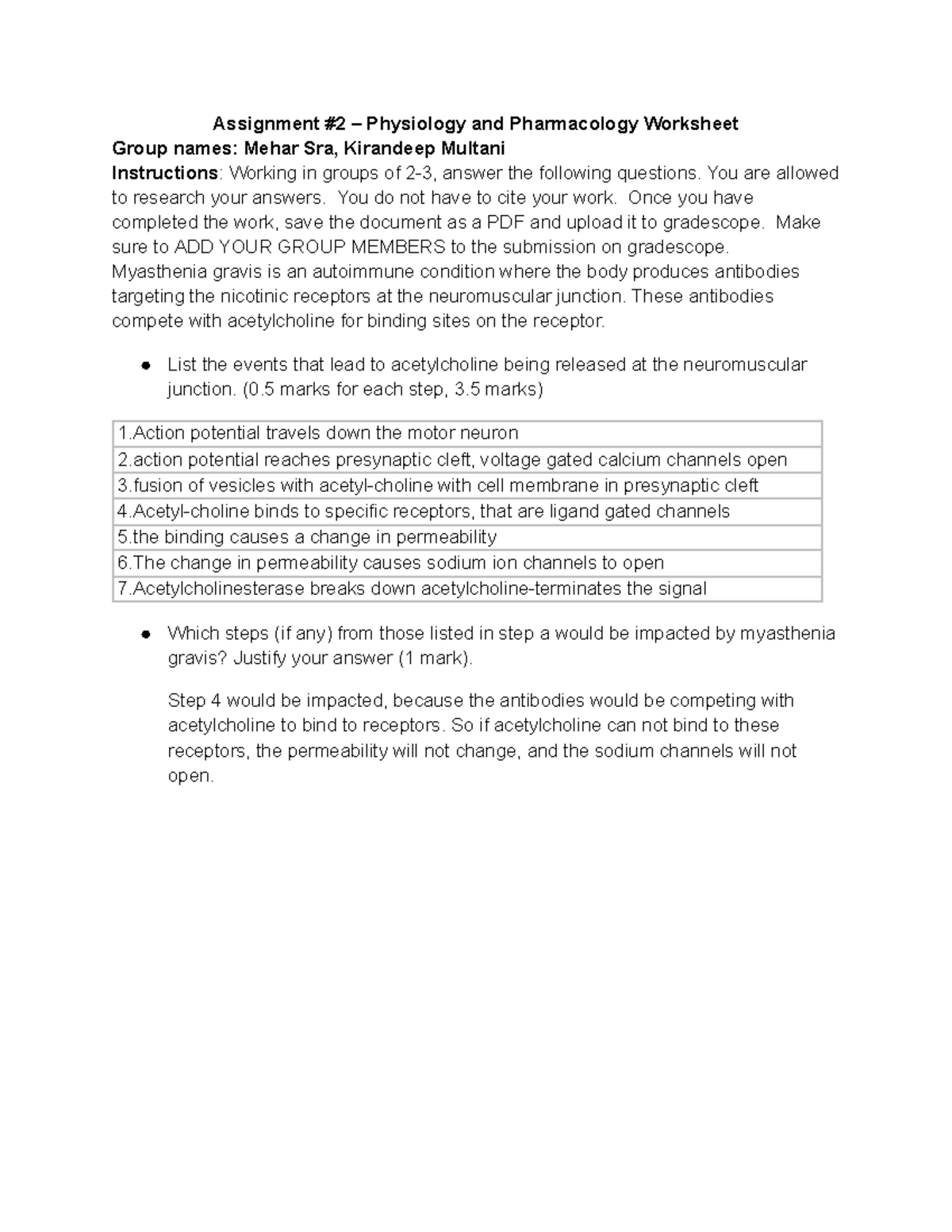 Assignment #2 – Physiology and Pharmacology Worksheet - Assignment #2 – Physiology and ...