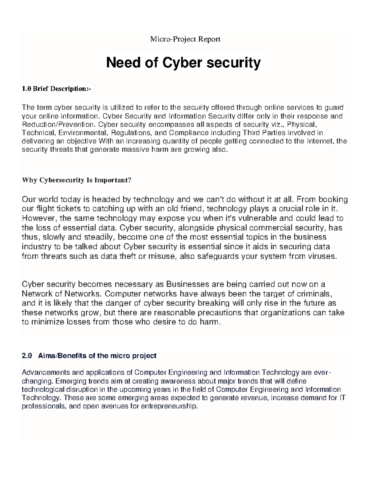 ETI microproject - Micro-Project Report Need of Cyber security 1 Brief Description:- The term ...