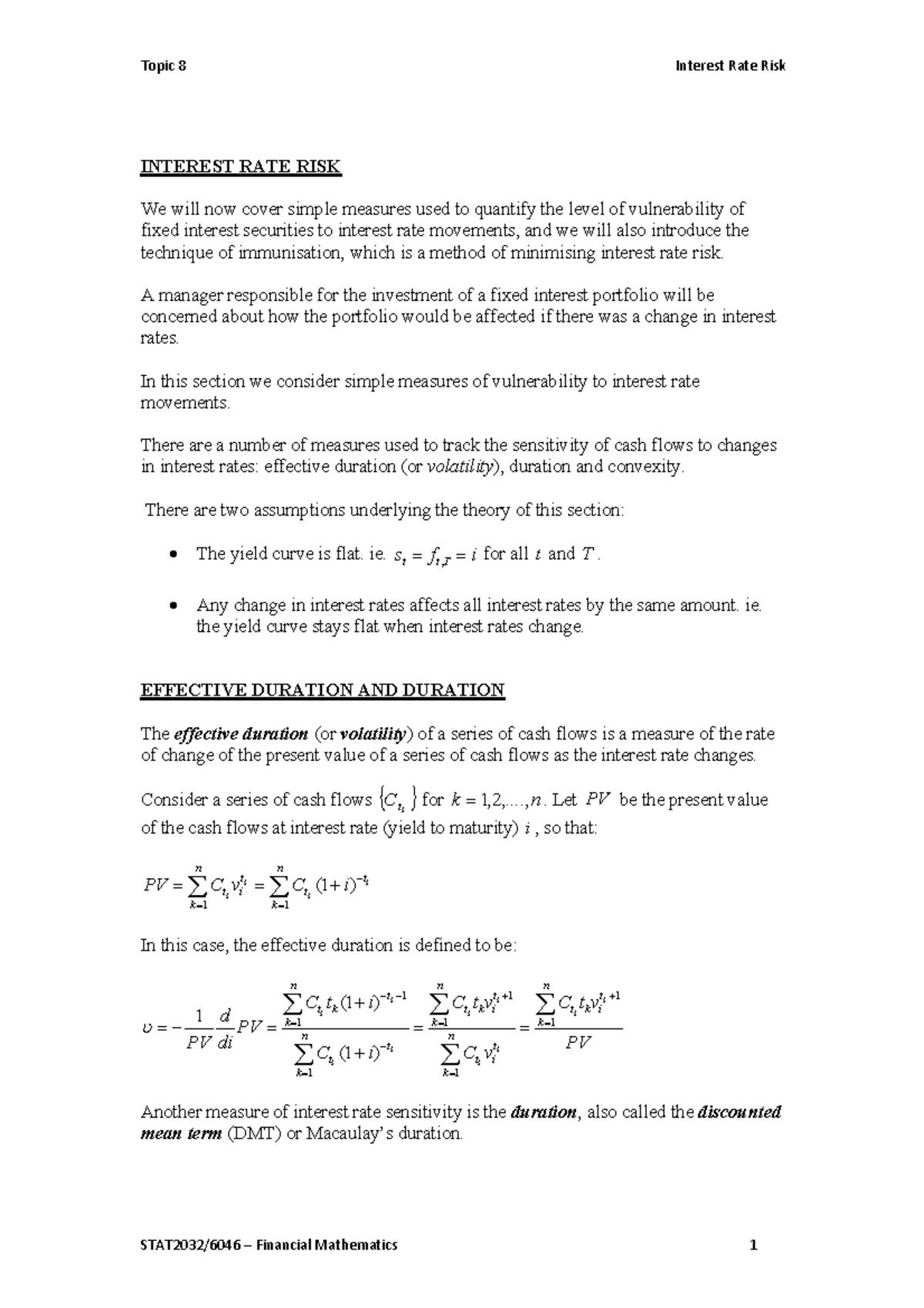 Topic 8 - Interest Rate Risk - INTEREST RATE RISK We will now cover ...