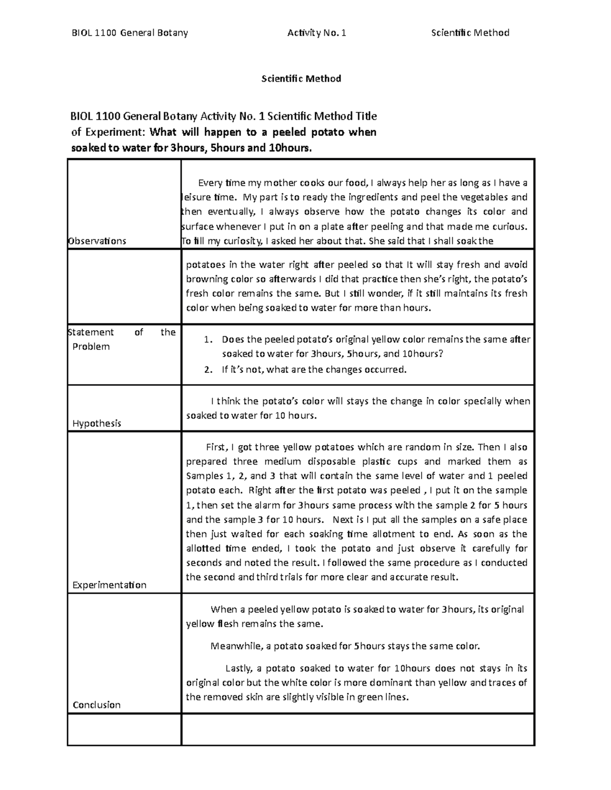 Botany Scienctific Method - BIOL 1100 General Botany Activity No. 1 ...