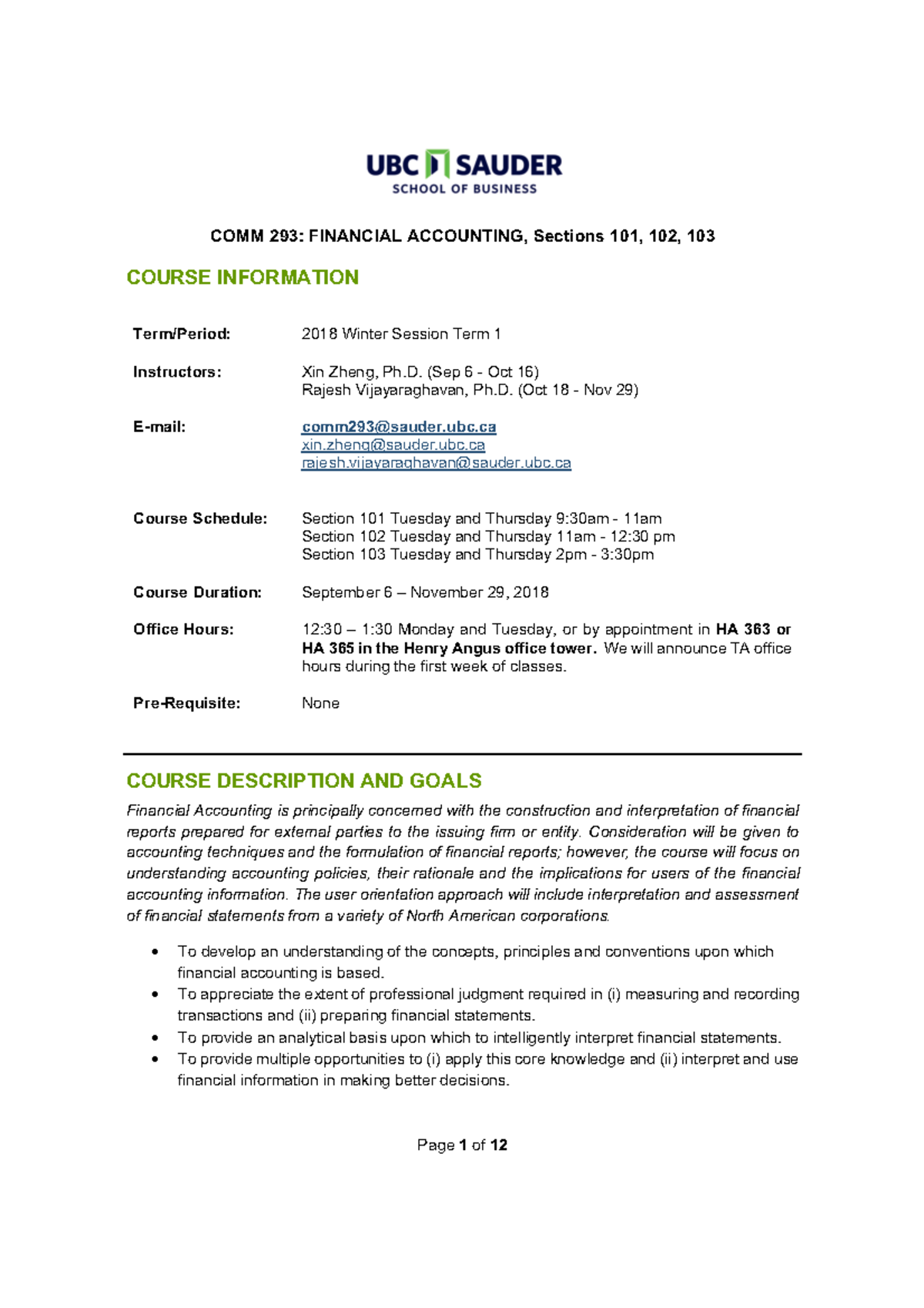 Syllabus COMM 293 of Financial Accounting - COURSE INFORMATION Term ...