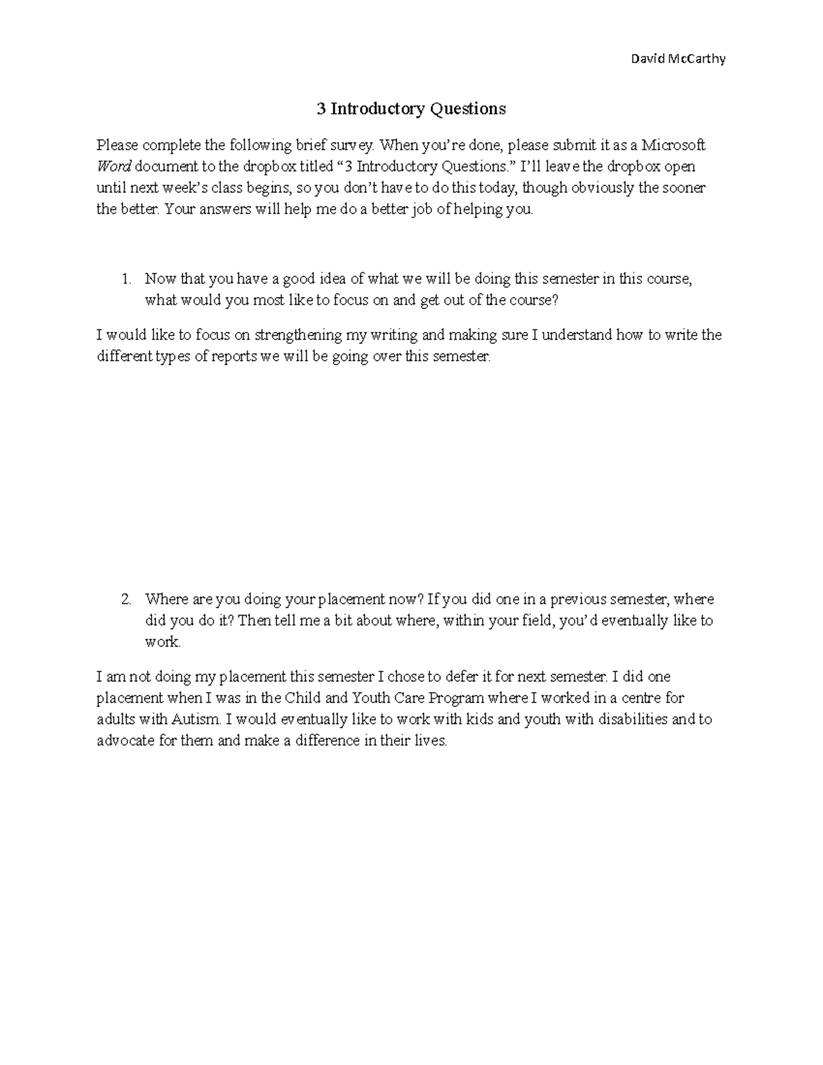 3 Introductory Questions - David McCarthy 3 Introductory Questions ...