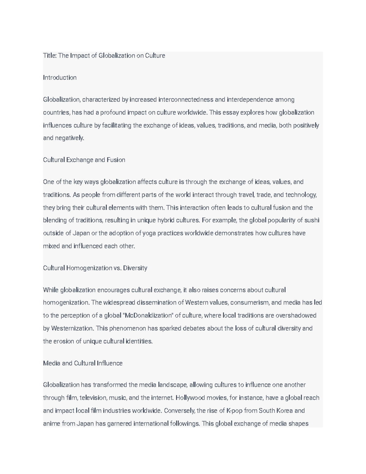 Title The Impact of Globalization on Culture - Title: The Impact of ...