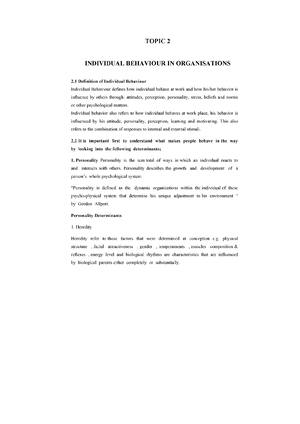 Lesson 1 BBA 200 - Full course nots on organizational behavior well arranged as per lectures ...