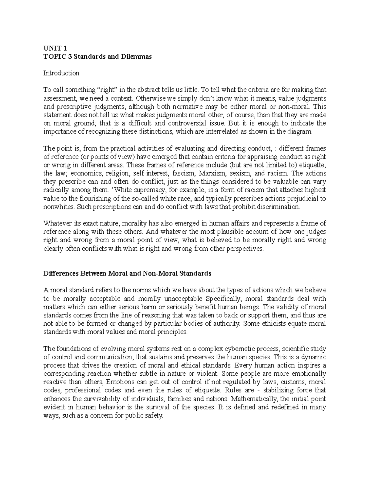 Unit 1 Topic 3-standards dilemmas - UNIT 1 TOPIC 3 Standards and ...