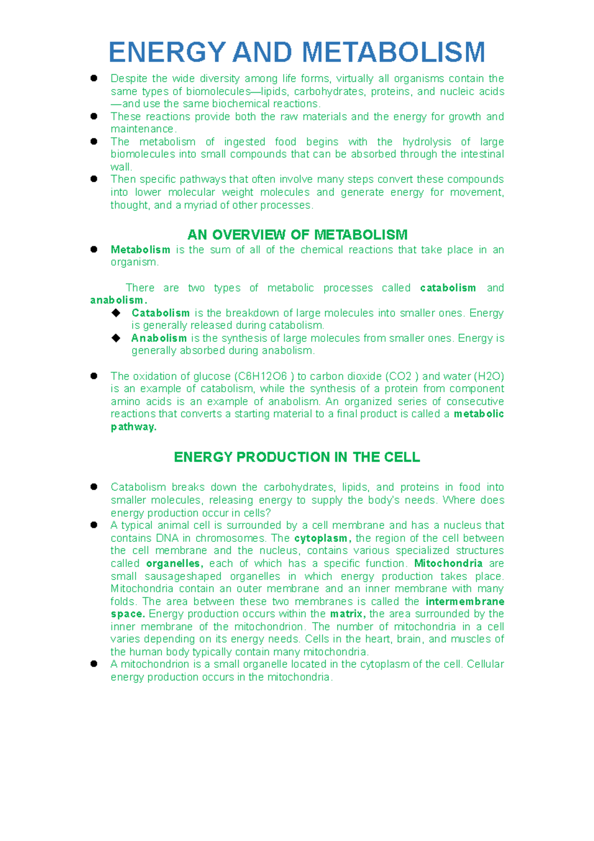 Energy AND Metabolism - Lecture notes 1 - ENERGY AND METABOLISM Despite ...