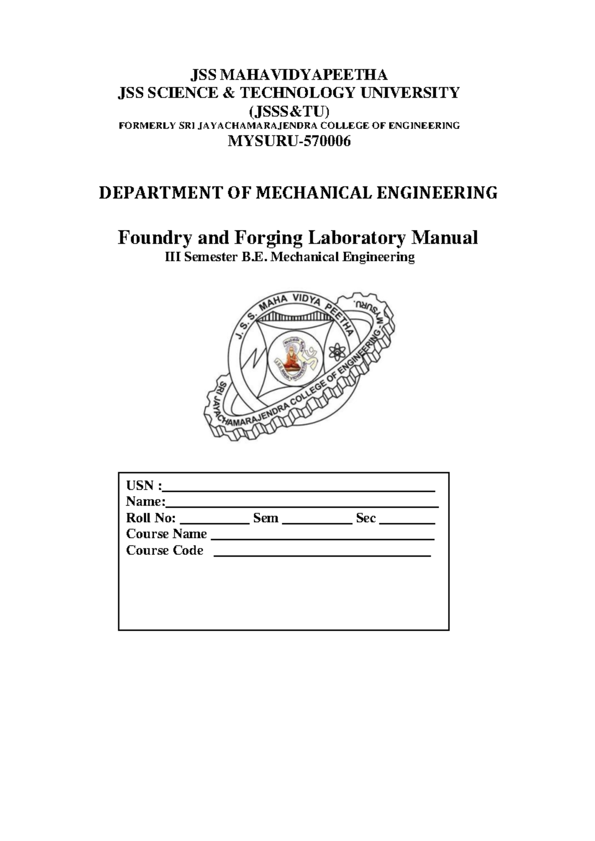 Foundry and Forging Laboratory Manual - JSS MAHAVIDYAPEETHA JSS SCIENCE ...