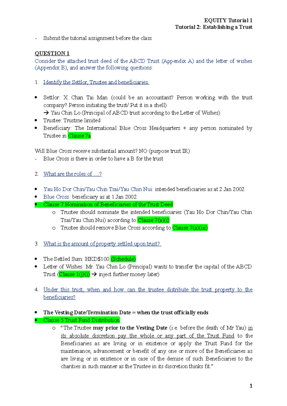 Equity Tutorial 1 - Establishing a trust - EQUITY Tutorial 1 Tutorial 2: Establishing a Trust ...