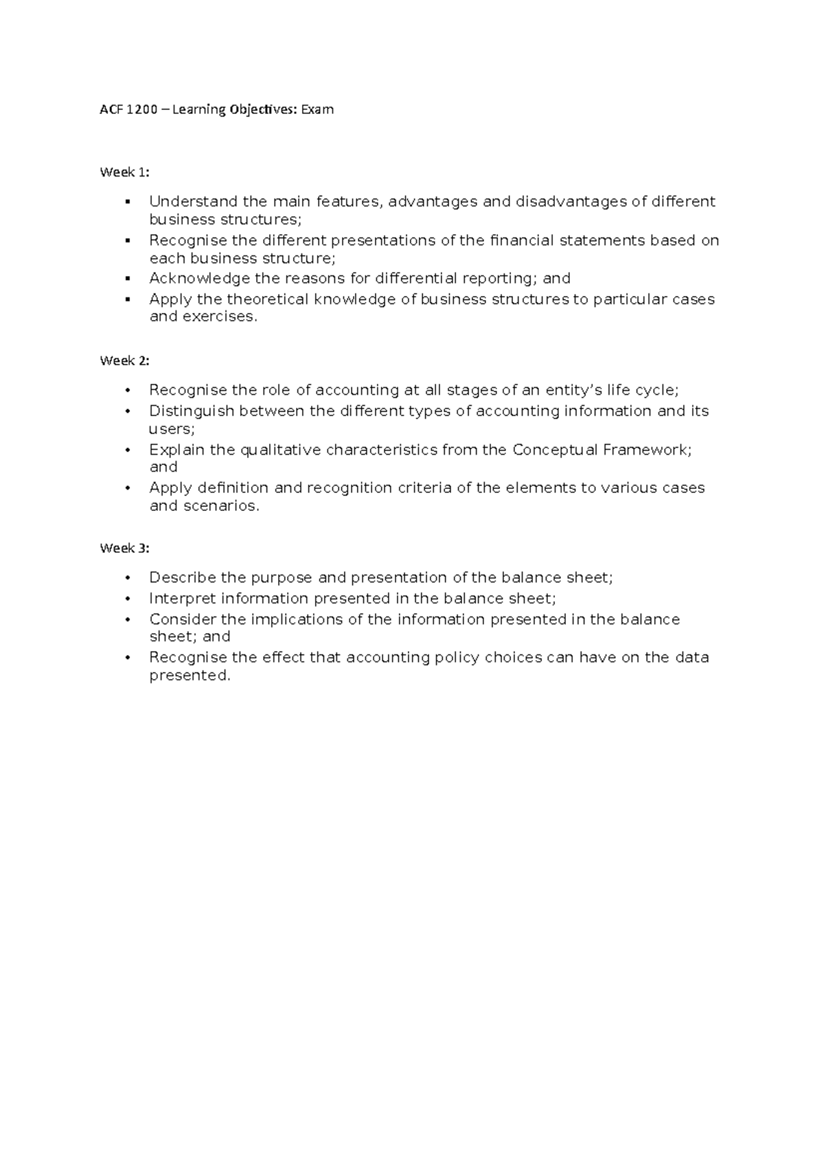 ACF 1200 - Learning Objectives For The Exam - ACF 1200 – Learning ...