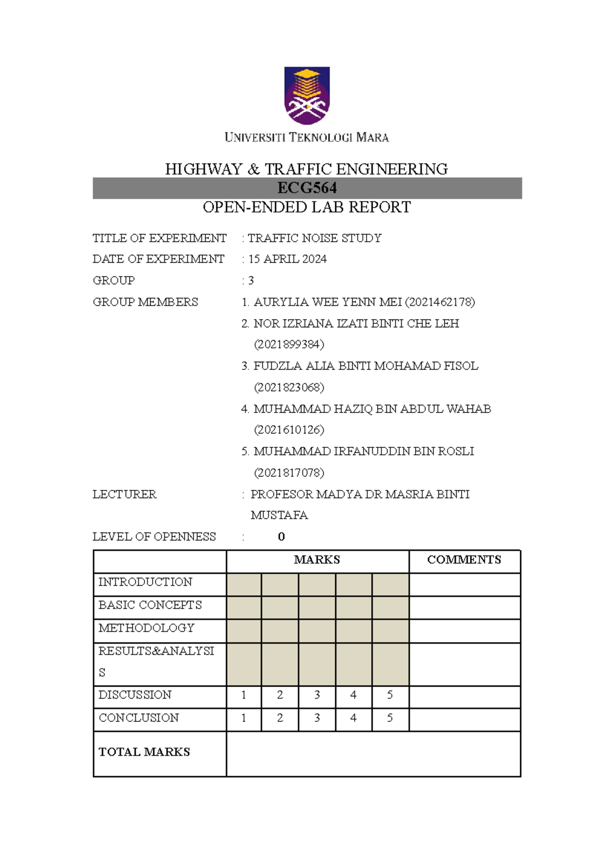 ECW568 Noise Group 2 - LAB REPORT - HIGHWAY & TRAFFIC ENGINEERING ECG ...