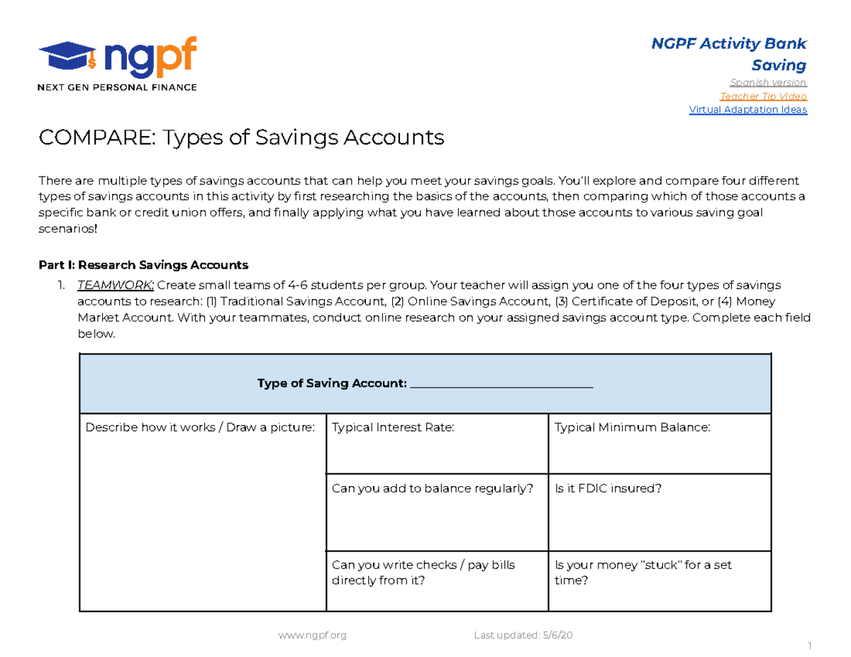 Compare Types Of Saving Accounts NGPF Activity Bank Saving Spanish