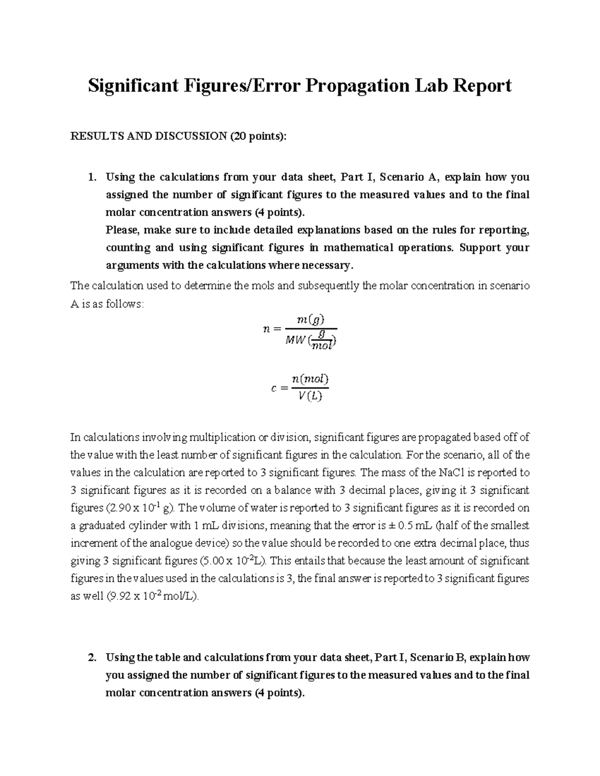 Chem lab report - Significant Figures/Error Propagation Lab Report RESULTS AND DISCUSSION (20 ...
