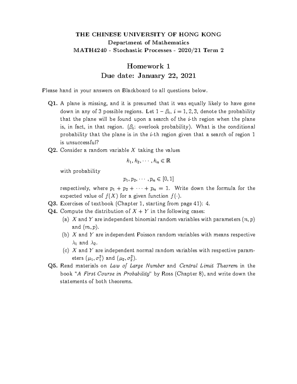 MATH4240 Homework 1 - Assignment 1 - THE CHINESE UNIVERSITY OF HONG ...