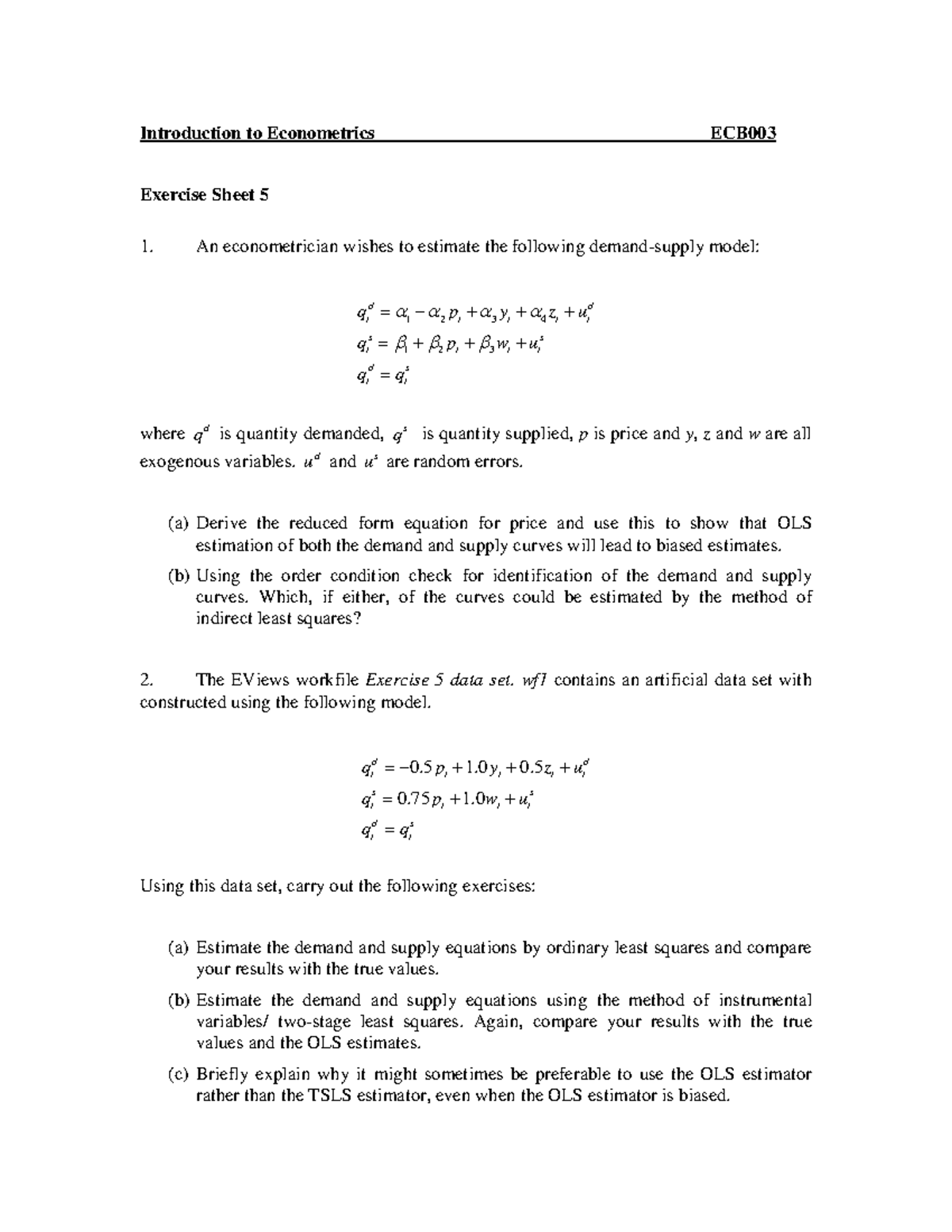 ECB003 Semester 2 Exercise Sheet 5 - Introduction to Econometrics ECB Exercise Sheet 5 An - Studocu