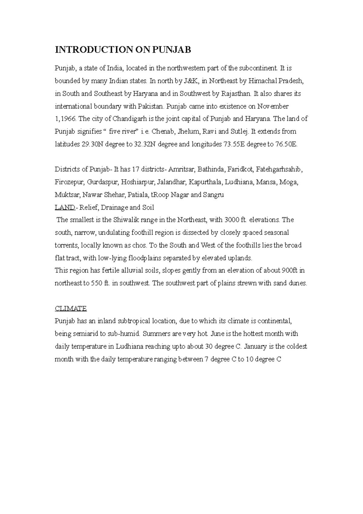 Introduction ON Punjab - INTRODUCTION ON PUNJAB Punjab, a state of ...