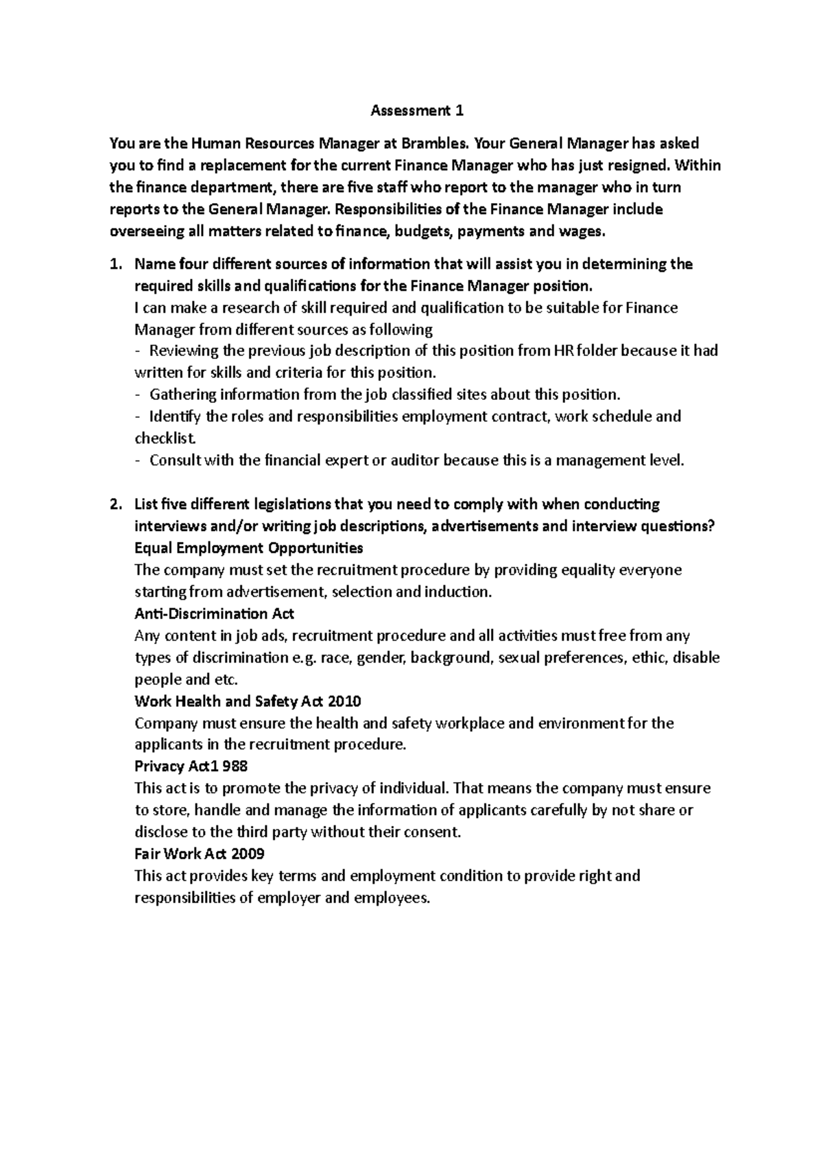 Fundamentals of Human Resources Assessment 1 - Assessment 1 You are the ...