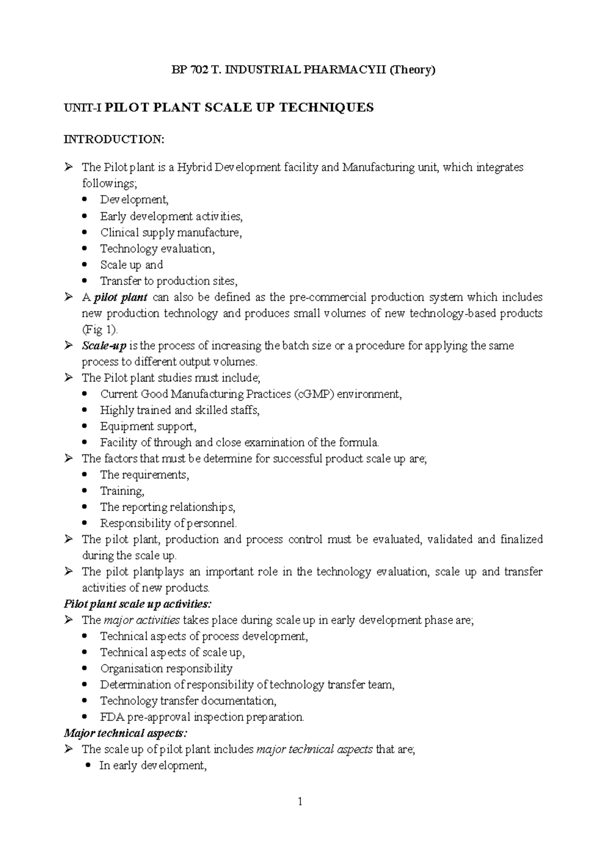 IP-II U-1 Pilot Plant Notes - 1 BP 702 T. INDUSTRIAL PHARMACYII (Theory ...