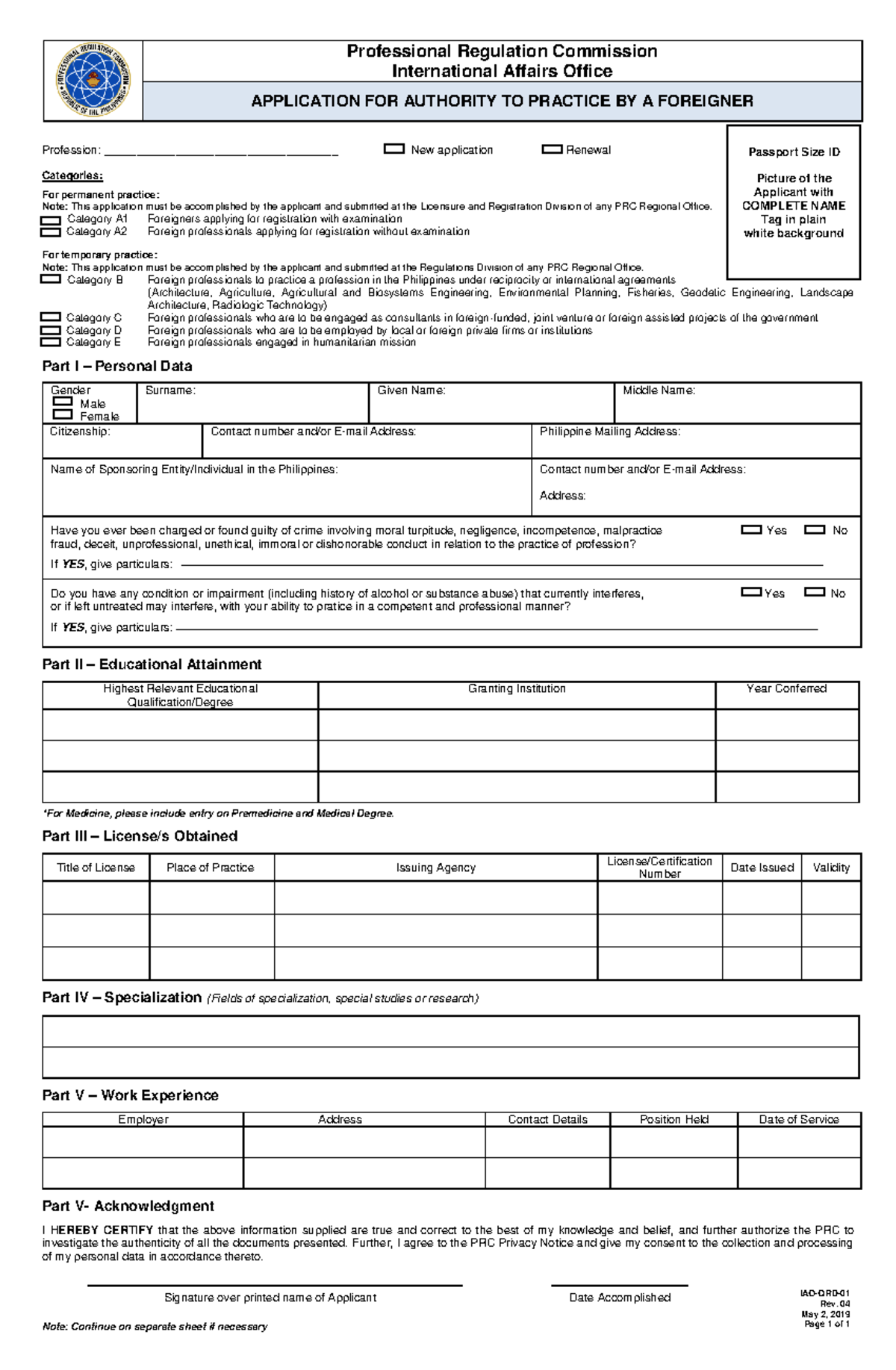 Application for Authority to Practice by a Foreigner 070519 0 ...