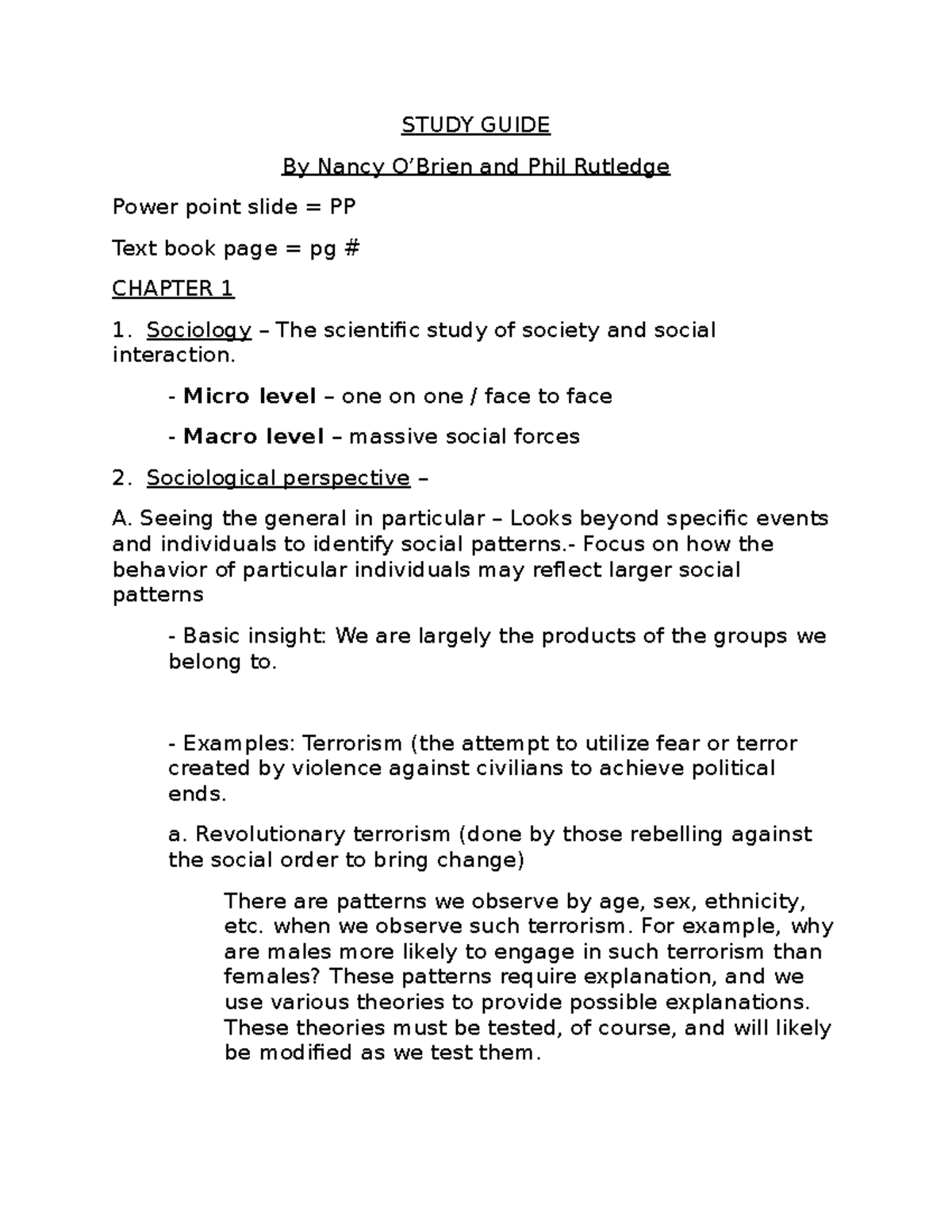 Sociology study guide for final (part 1) - STUDY GUIDE Nancy and Phil ...
