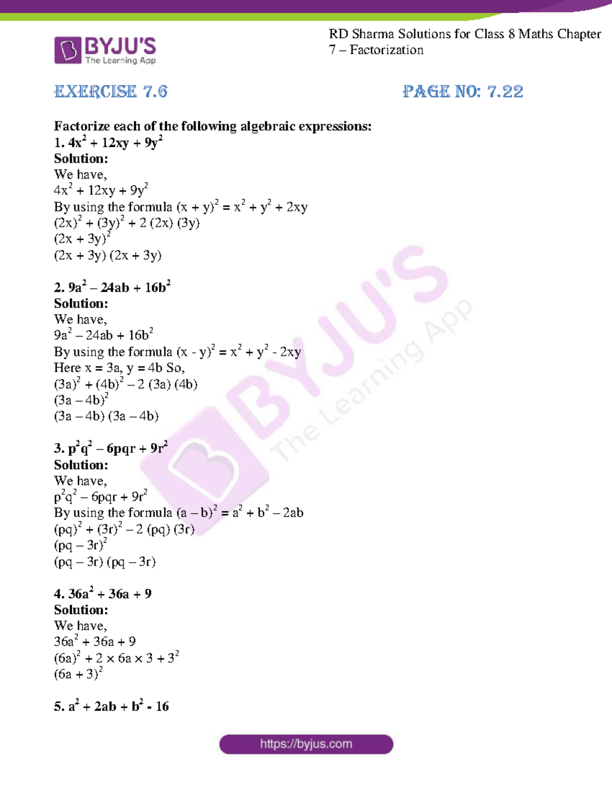 Rd sharma class 8 maths chapter 7 solutions exercise 6 - 7 – Factorization EXERCISE 7 PAGE NO: 7 ...