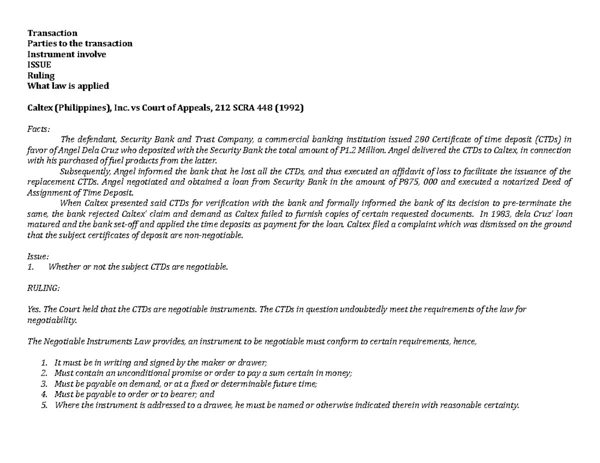 9.12.22 Case Digests (Nego) - Transaction Parties to the transaction ...