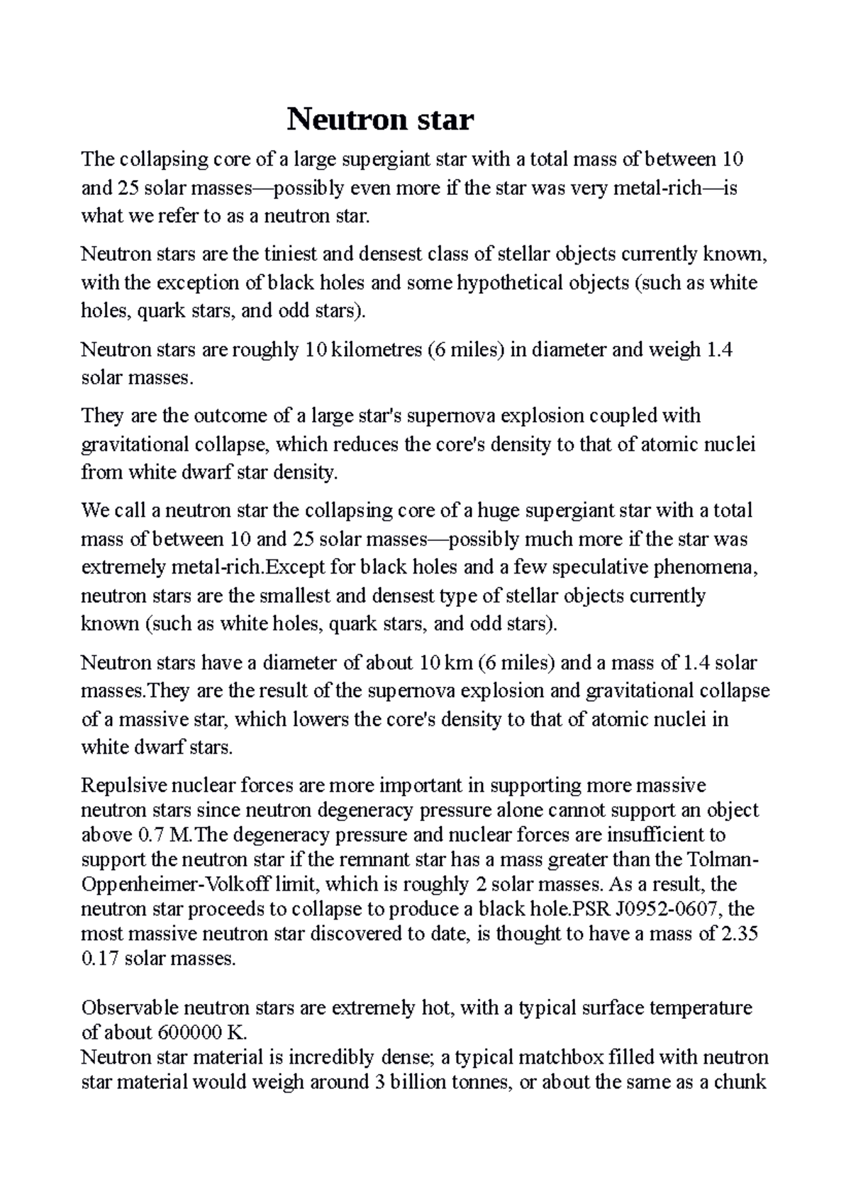 Neutron star - shafina - Neutron star The collapsing core of a large ...