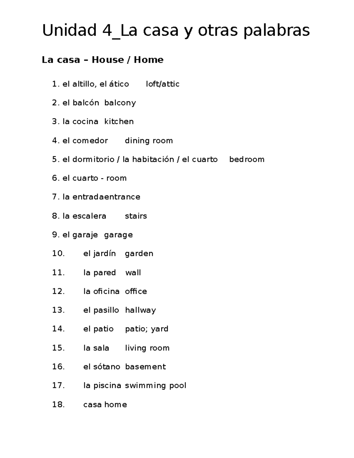 Unidad 4 La casa y otro vocabulario - La casa – House / Home el altillo ...