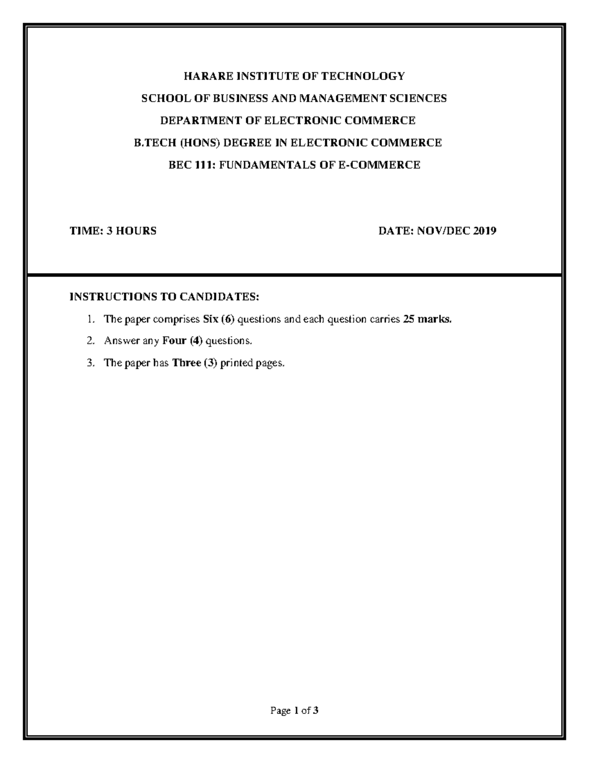 FUNDAMENTALS OF E-COMMERCE Exam 2019 - Page 1 of 3 HARARE INSTITUTE OF ...