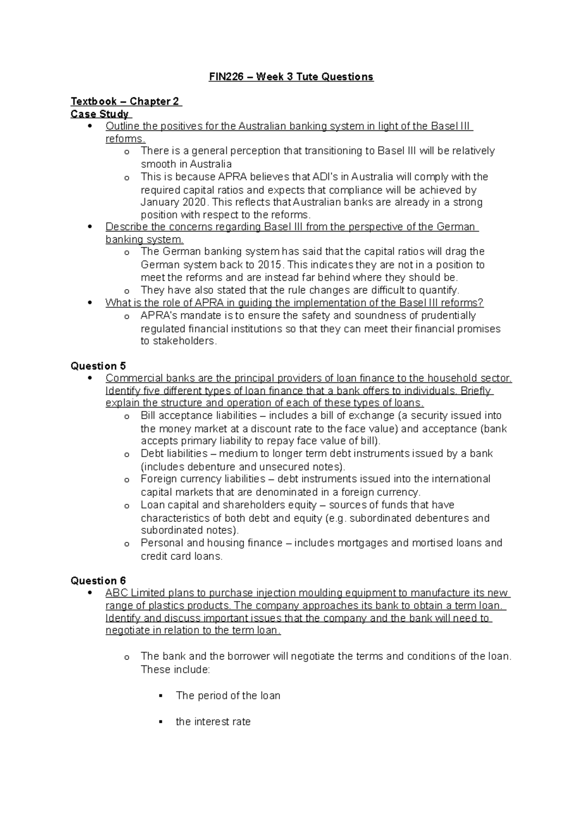 FIN226 - Week 3 Tutorial Answers - FIN226 – Week 3 Tute Questions ...
