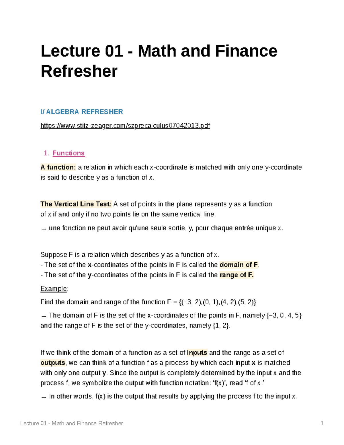 Lecture 01 - Math and Finance Refresher - pdf Functions A function: a ...