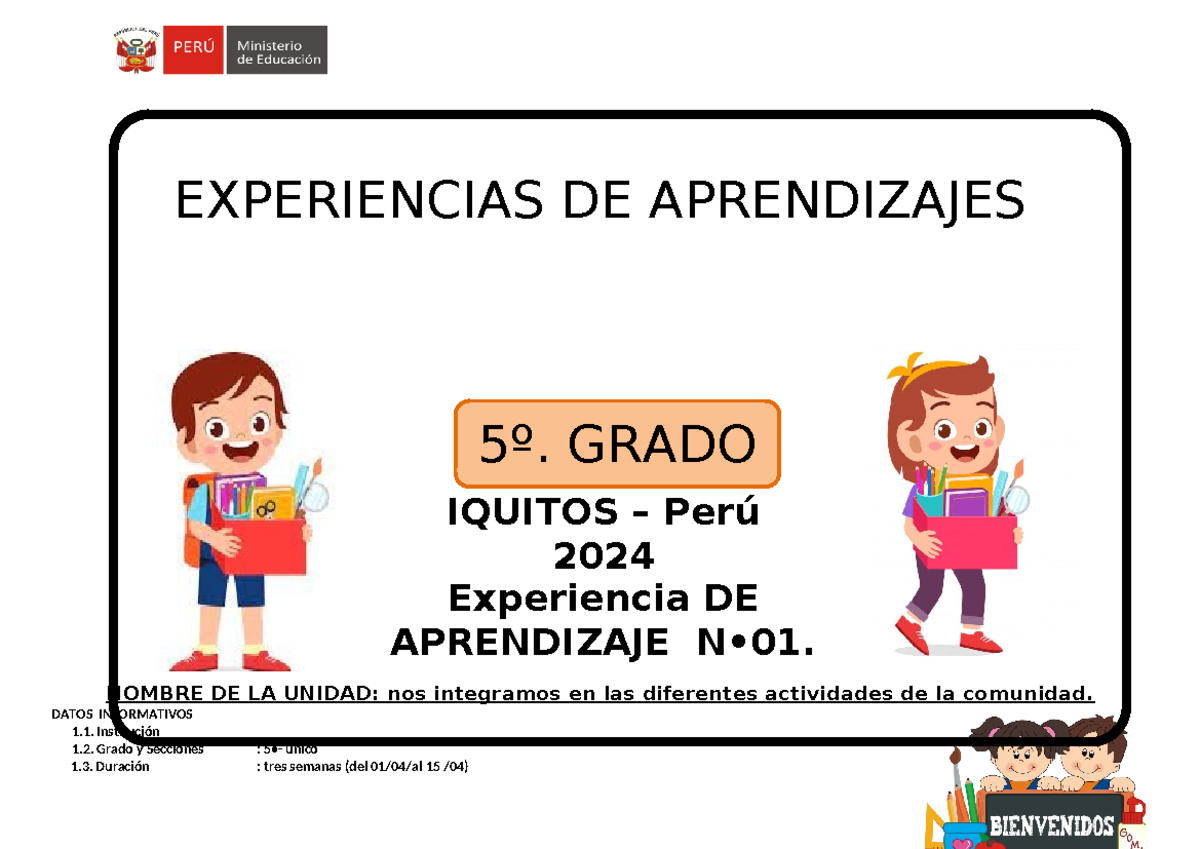 Experiencia de aprendizaje 01. 1°-2024 - 5º. GRADO EXPERIENCIAS DE APRENDIZAJES IQUITOS – Perú ...