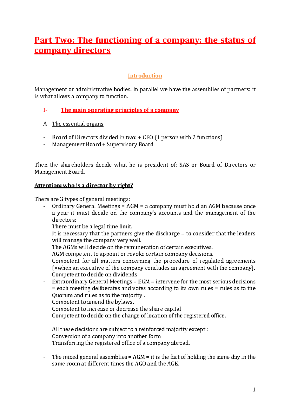 The creation of a company - Lecture 3 - Part Two: The functioning of a ...