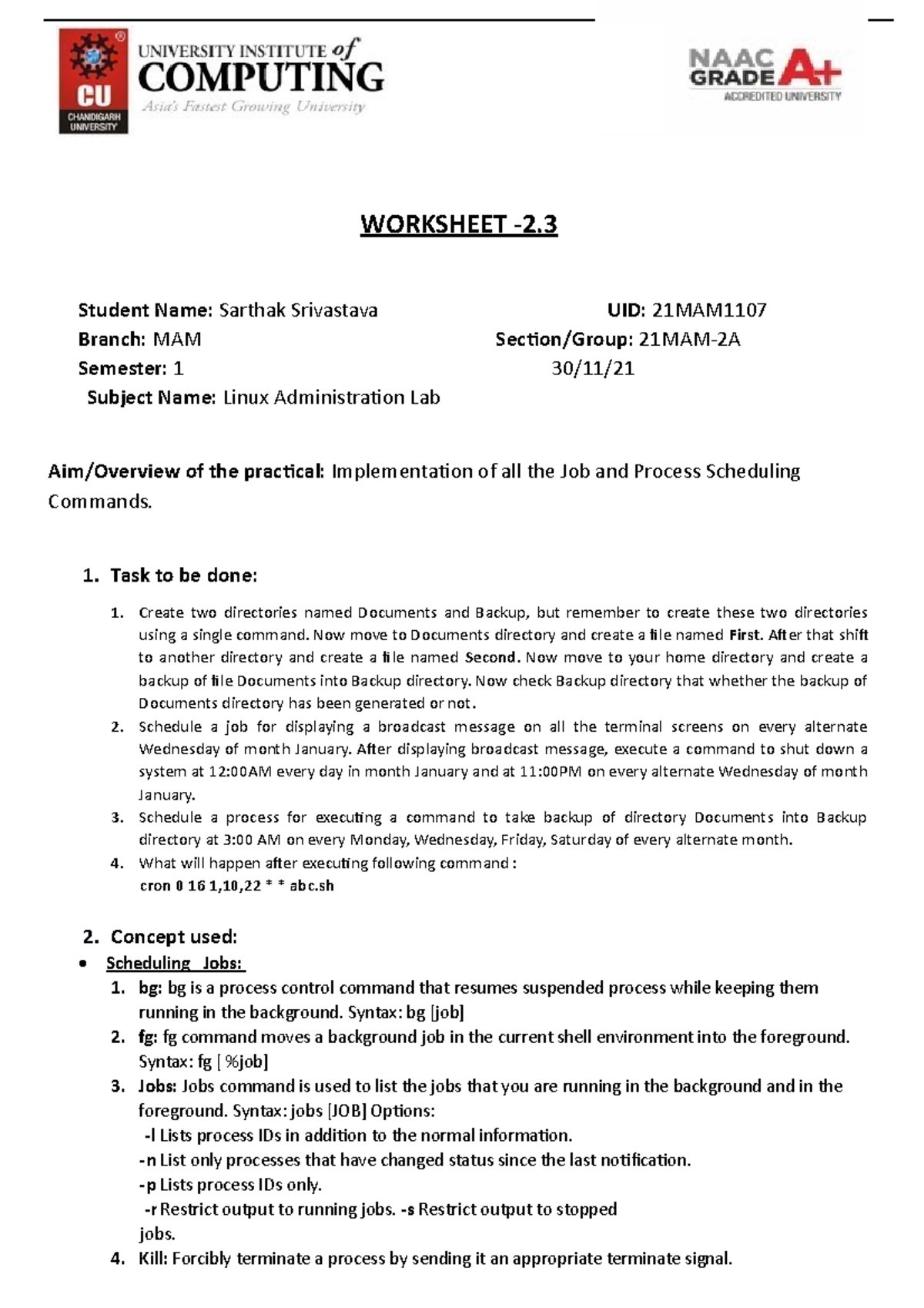 Linux worksheet 2 - 21mci1045(daa 1) - WORKSHEET -2. Student Name ...