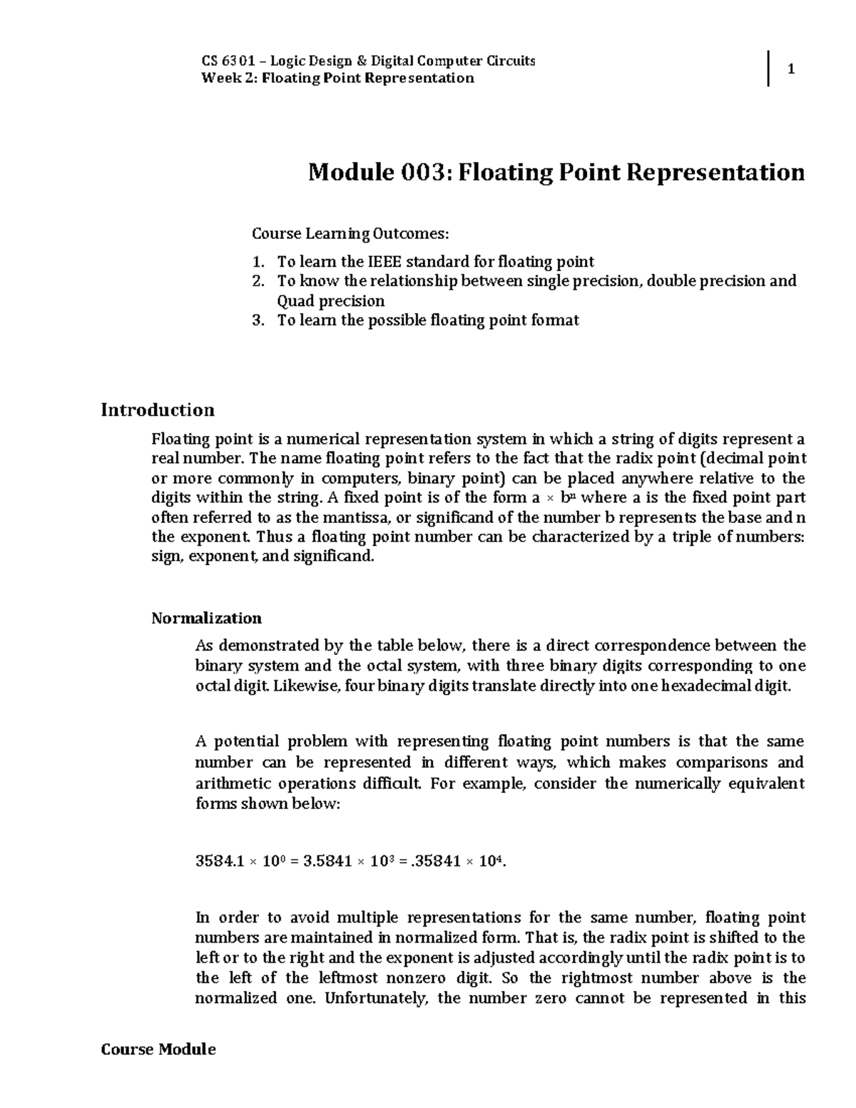Week 3 Floating Point Representation Cs 6301 Logic Design And Digital Computer Circuits Week