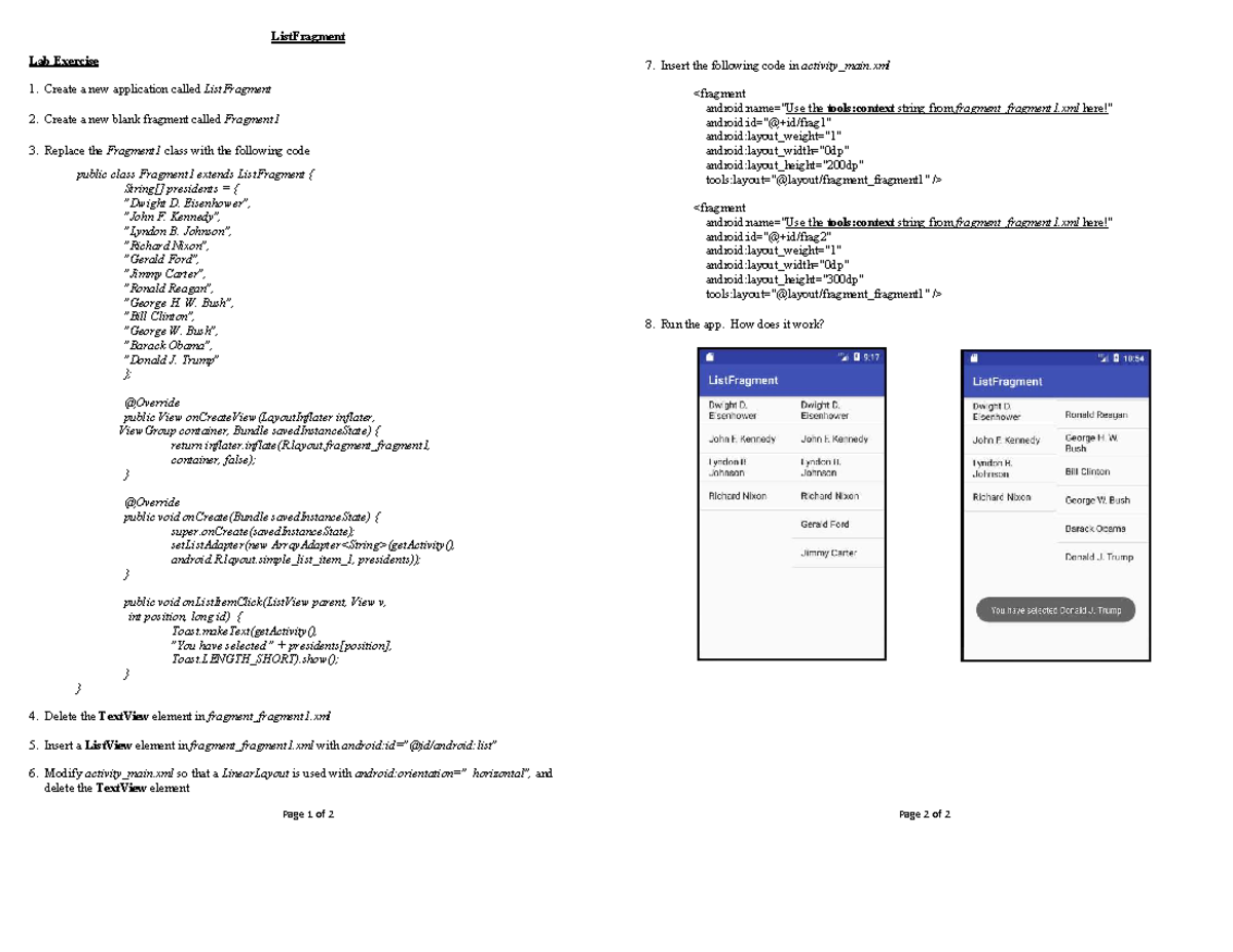 List Fragment - ListFragment Lab Exercise 7. Insert the following code ...