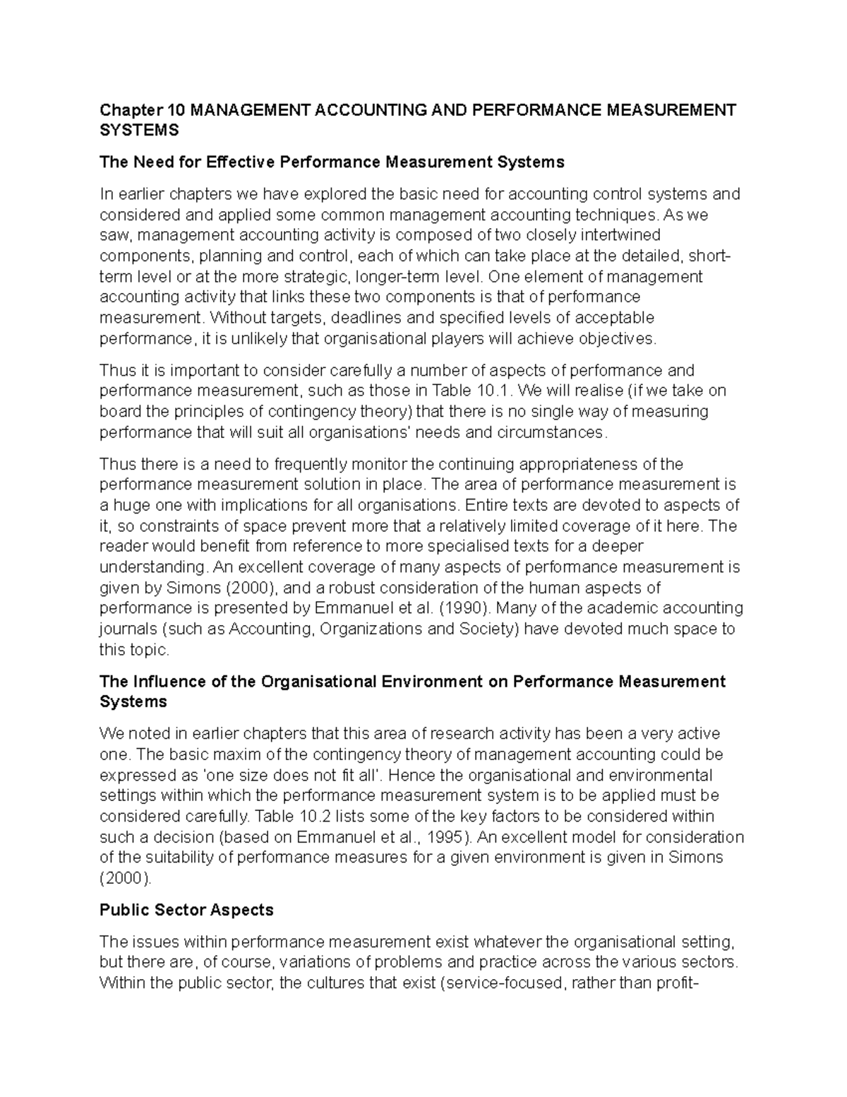 Chapter 10 Management Accounting AND Performance Measurement Systems ...