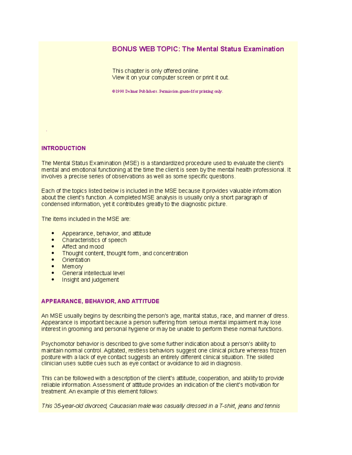 Description Of MSE BONUS WEB TOPIC The Mental Status Examination