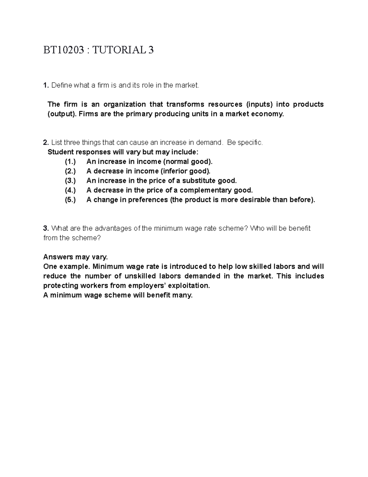 Tutorial 3- Answer - BT10203 : TUTORIAL 3 Define what a firm is and its ...