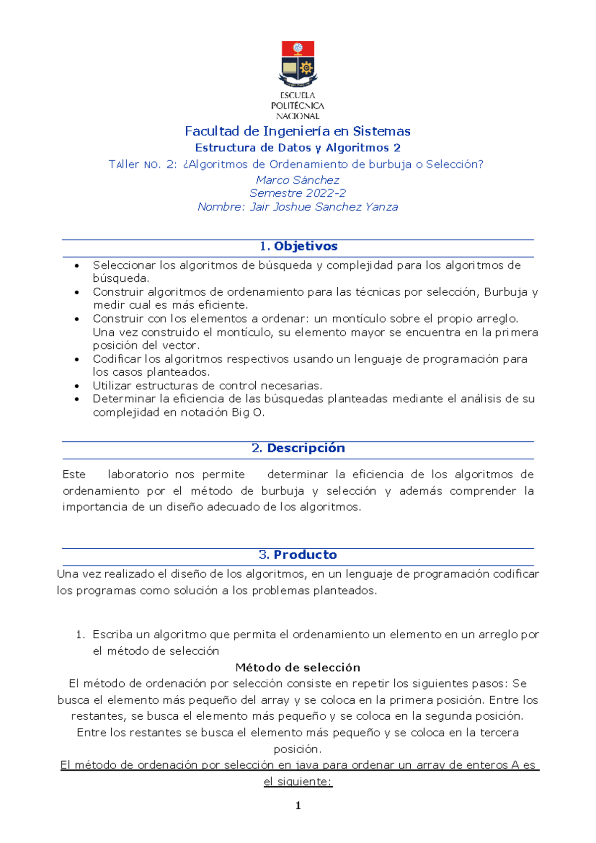 Taller 02 Algoritmos Ordenamiento Sanchez Jair Facultad De Ingeniería En Sistemas Estructura