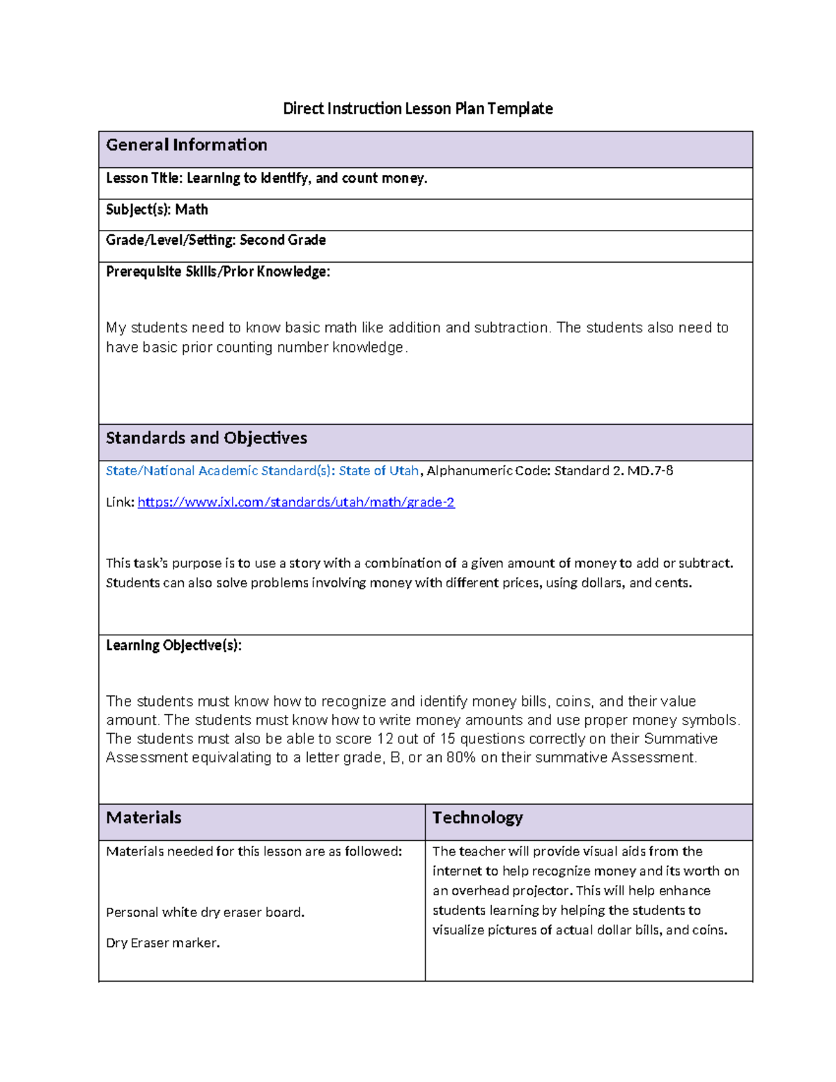 Lesson Plan D091 - Direct Instruction Lesson Plan Template General ...
