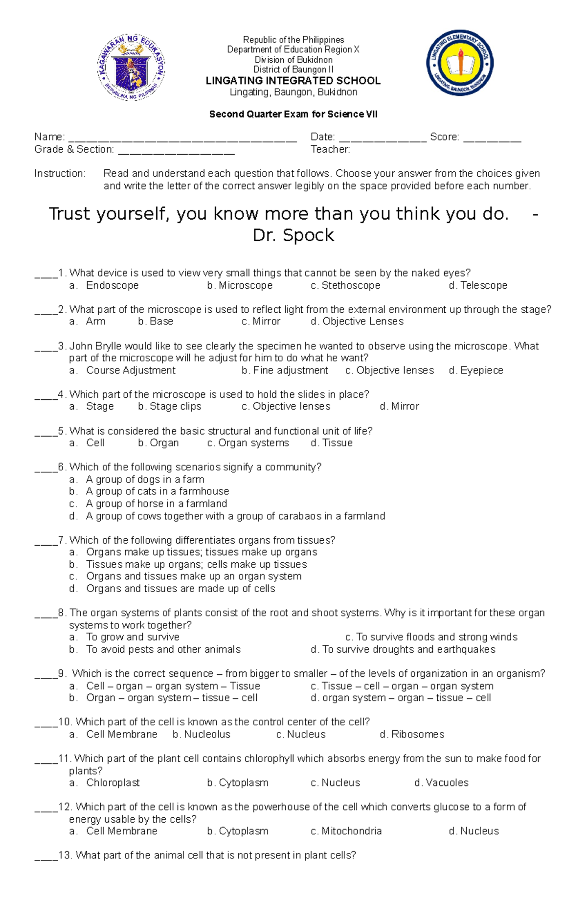 Second Quarter Test Science 7 - Republic of the Philippines Department ...
